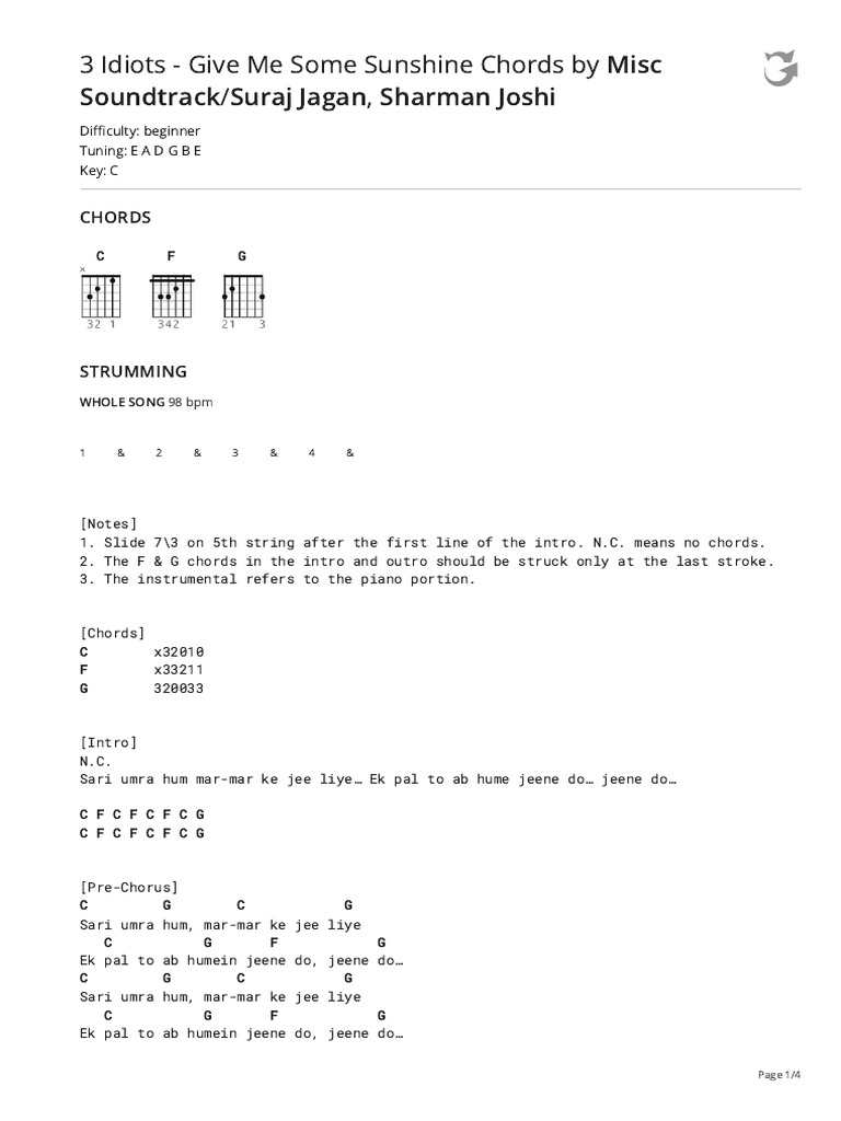 3 Idiots - Give Me Some Sunshine Chords by Misc Soundtracktabs at ...