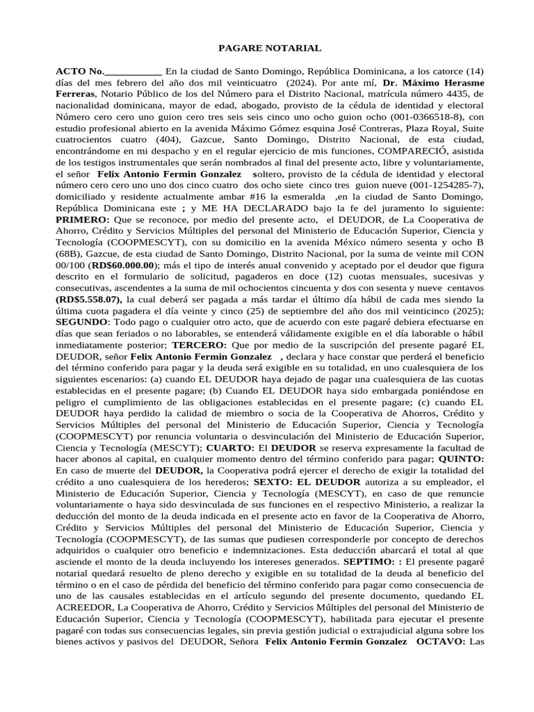 PAGARE NOTARIAL Felix Antonio Fermin Gonzalez | PDF | Pagos