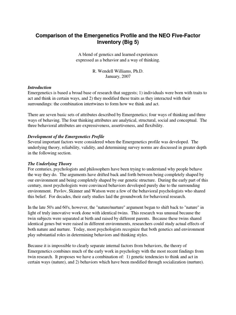 Comparison of The Emergenetics Profile and The NEO Five Factor Inventory Big 5 | PDF | Validity ...