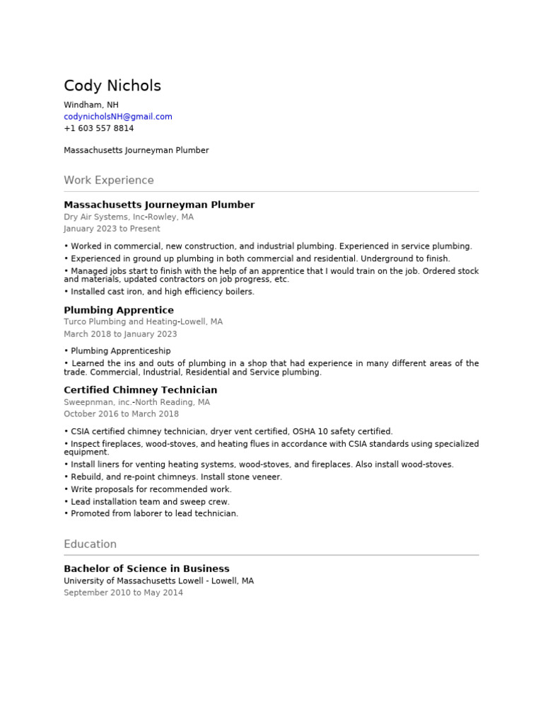Massachusetts Journeyman Plumber Resume | PDF
