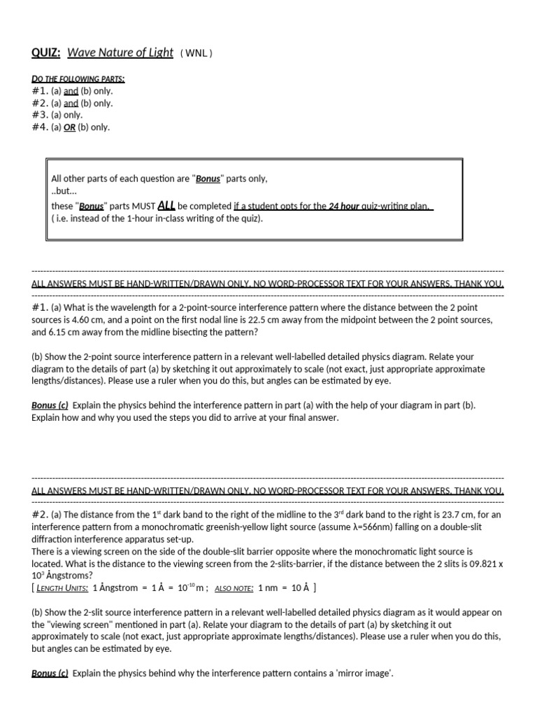 QUIZ - Wave Nature of Light (WNL) - (Version 8) - (F24) | PDF ...