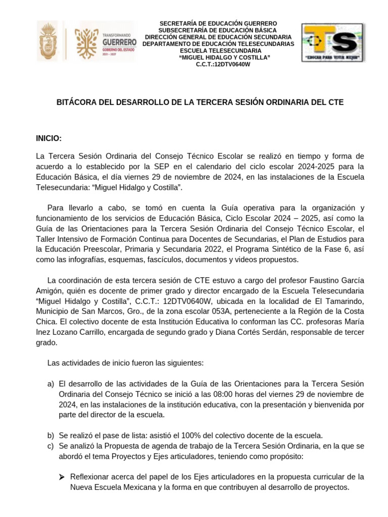 Bitacora CTE 3a Sesión NOV2024 Tamarindo | PDF | Enseñando | Inclusión ...