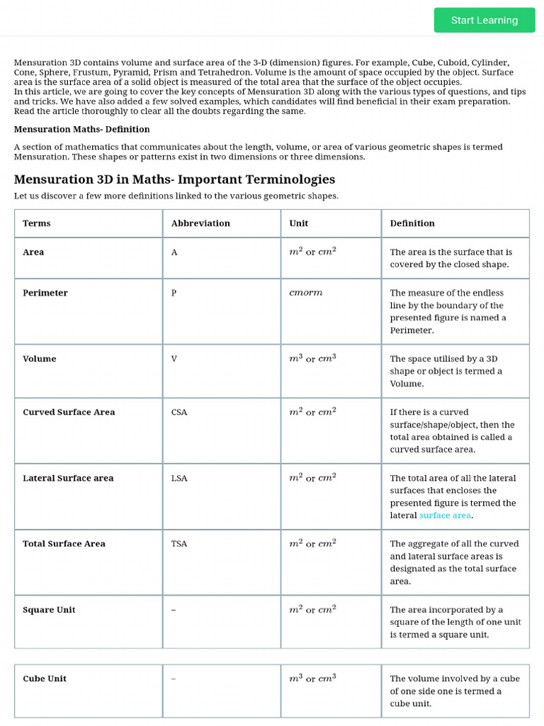 Mensuration 3D - Formulas and Theory PDF For Competitive Exams! | PDF