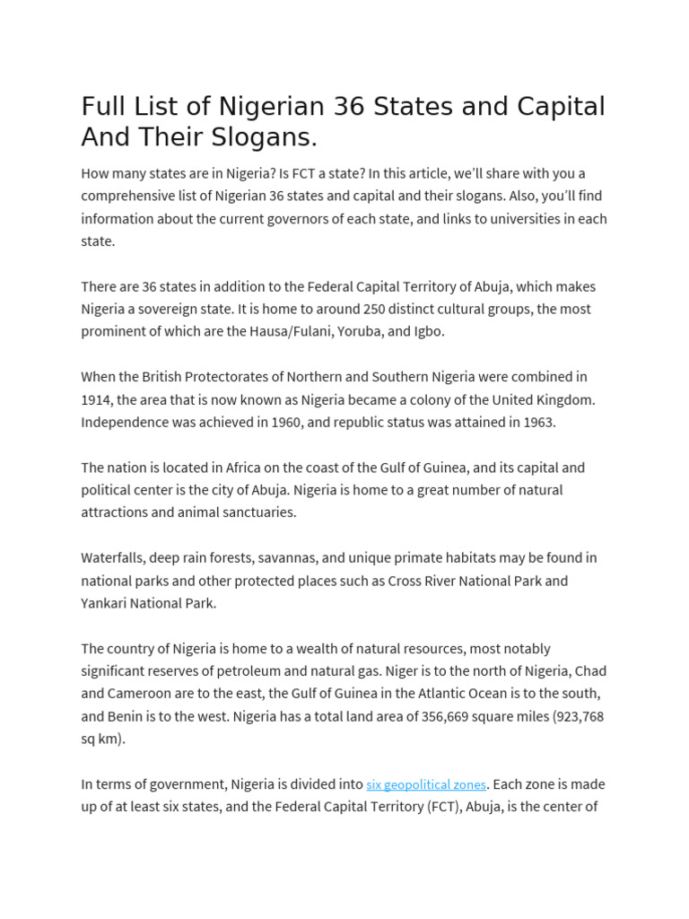 Nigerian States, Capitals, and Slogans | PDF | Nigeria
