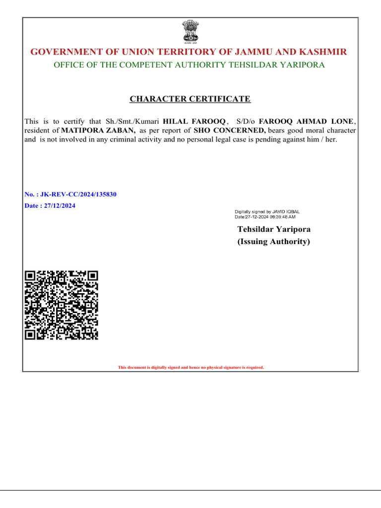 Character Certificate | PDF