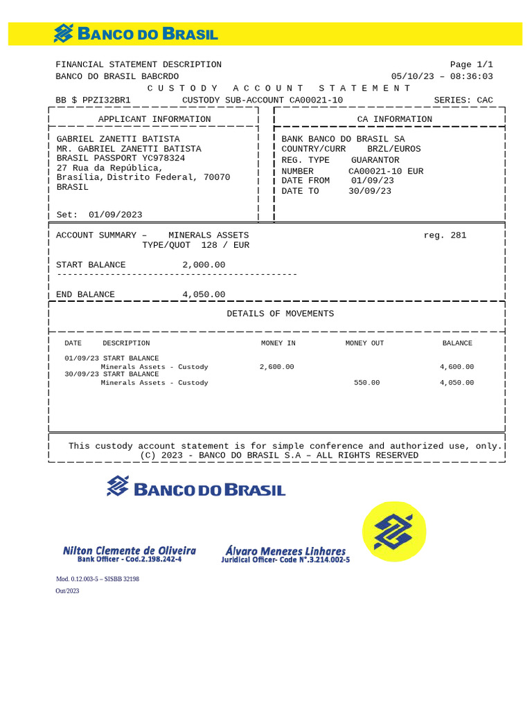 Banco Do Brazil m Securities Bank Statement Custody Account | PDF