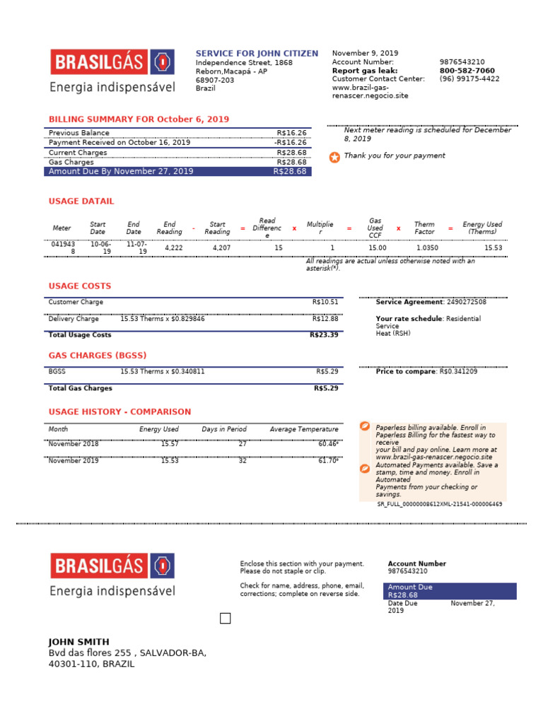 Brazil Gas Utility Bill | PDF