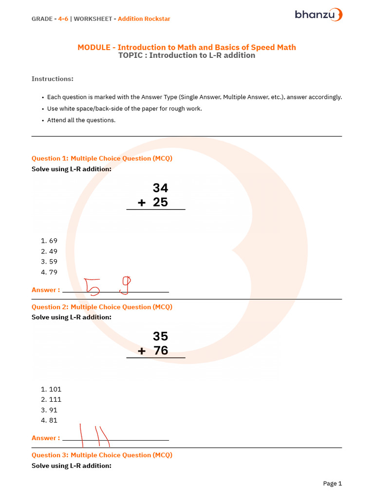 Work Sheet-1 Addition Rockstar | PDF | Multiple Choice