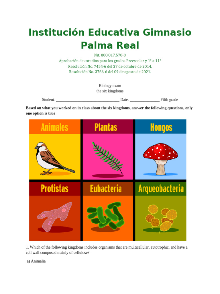 Fifth Grade Biology: Six Kingdoms Exam | PDF | Cell Wall | Cell (Biology)