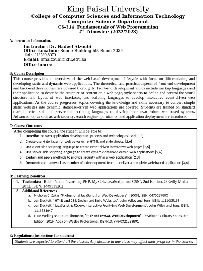 Course-Outlines FOW 2nd 2022 2023 New | PDF | World Wide Web | Internet & Web