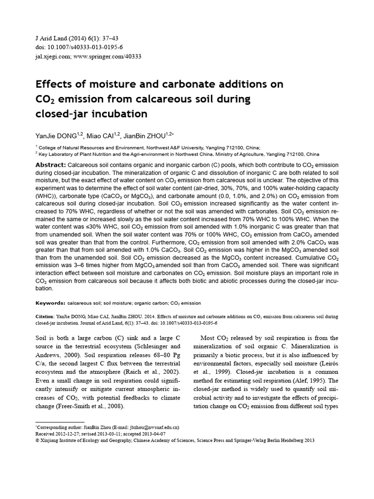 Effects of Moisture and Carbonate Additions On CO2 Emission From Calcareous Soil During Closed ...