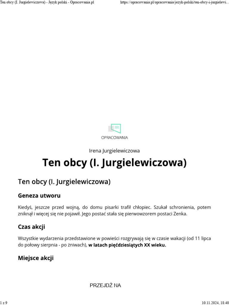 Ten Obcy (I. Jurgielewiczowa) - Język Polski - Opracowania - PL | PDF