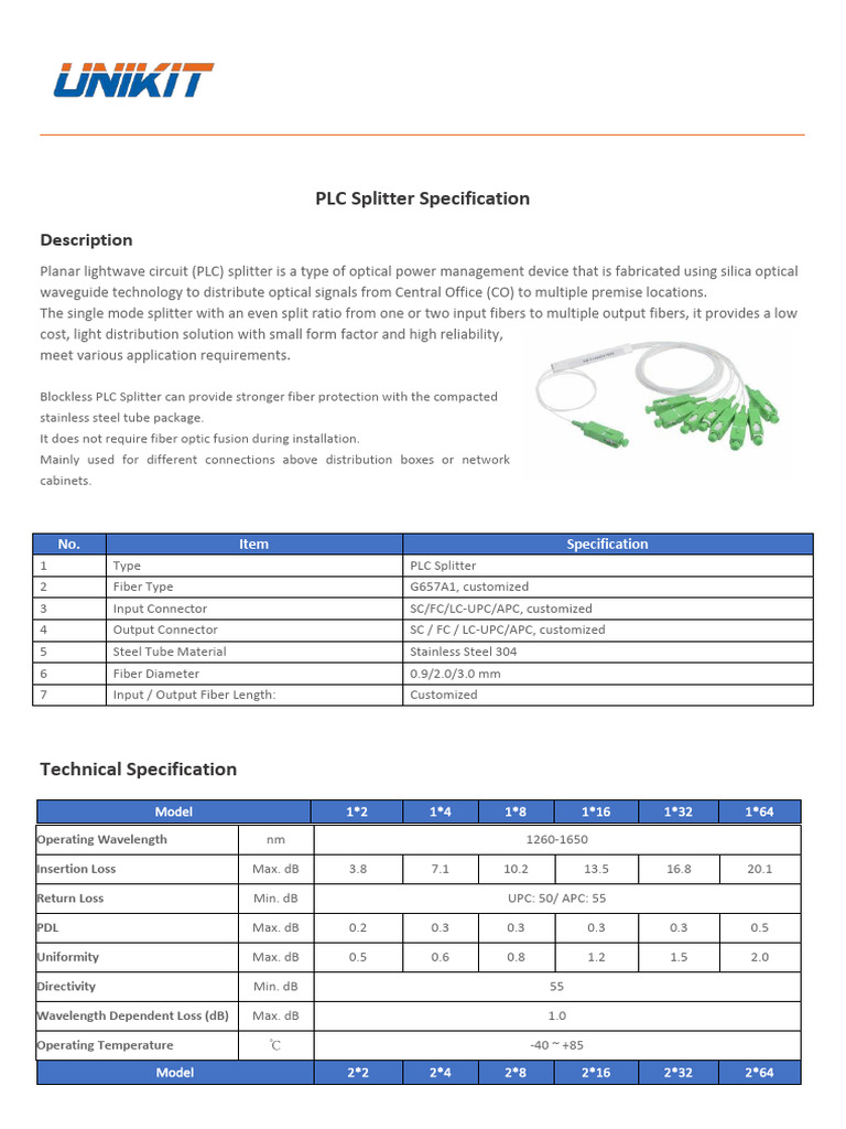 PLC Splitter Loss Specifications Chart | PDF | Optical Fiber | Waves