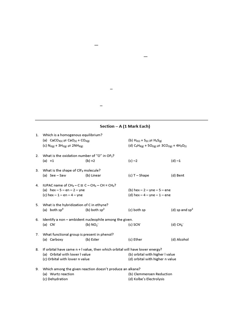 Revision Exam Practise Paper - 1 | PDF | Molecules | Chemical Reactions