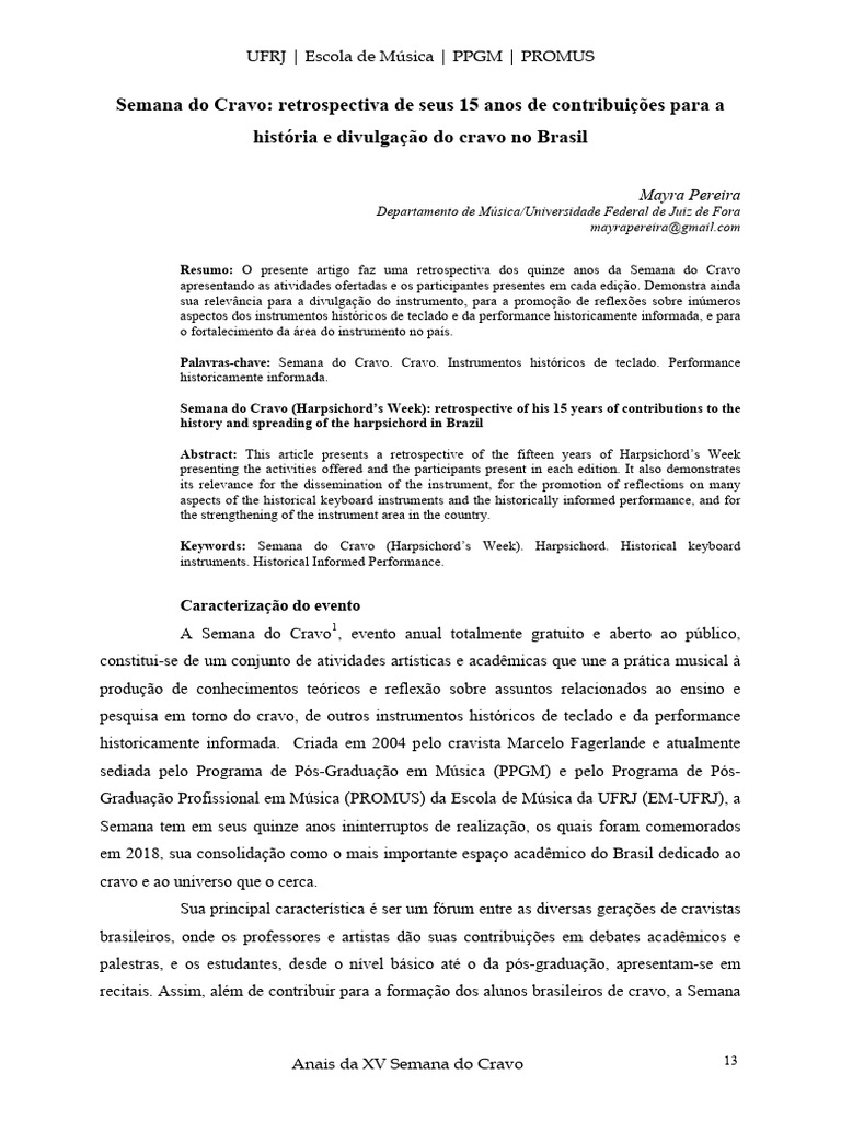 Semana do Cravo: retrospectiva de seus 15 anos de contribuições para a ...