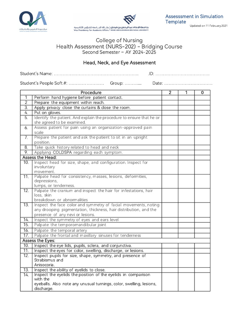 Checklist - Head Neck Eye Ear Nose Mouth and Throat Assessment | PDF ...