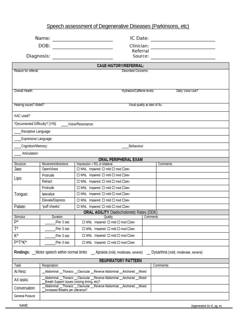 Speech Assessment of Degenerative Diseases (Parkinsons, Etc) | PDF ...