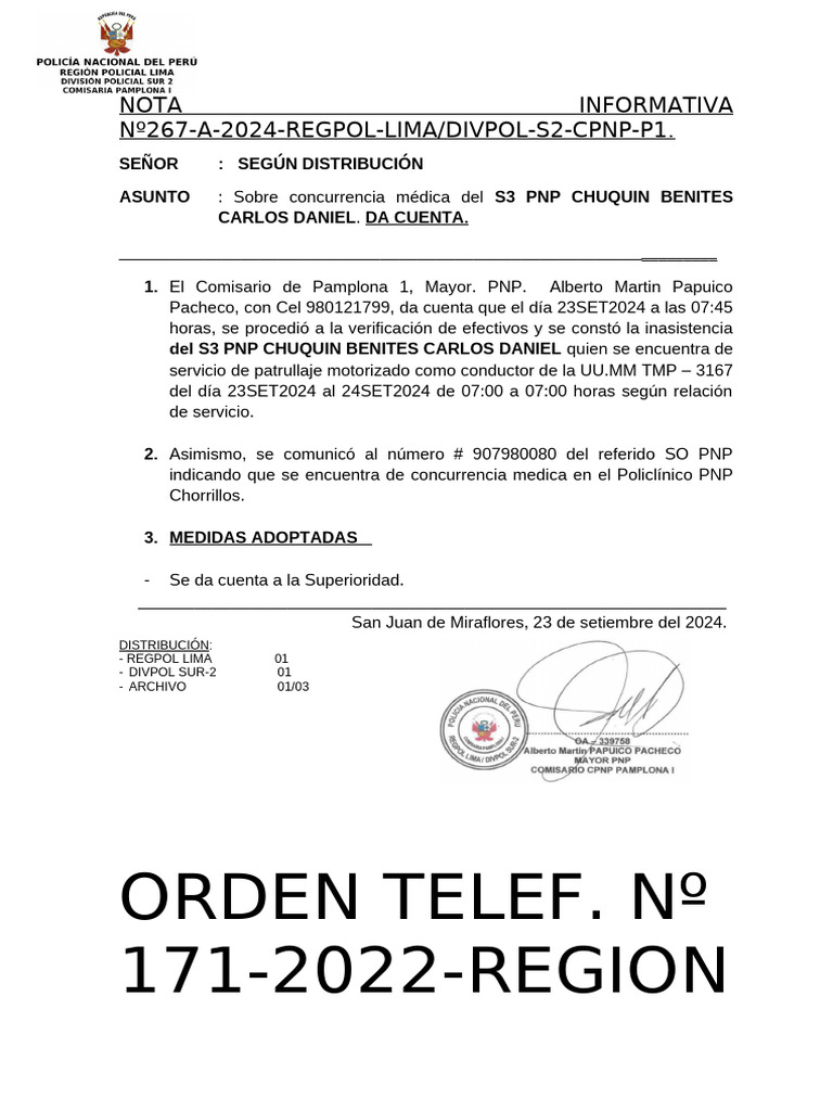 SOBRE CONCURRENCIA MEDICA DEL S3 PNP CHUQUIN BENITES CARLOS DANIEL | PDF