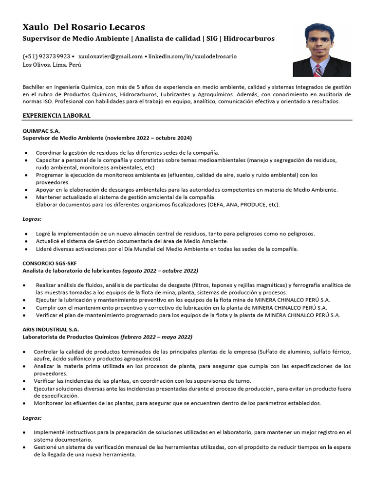 CV Xaulo Del Rosario Lecaros Nov24 | PDF | Laboratorios
