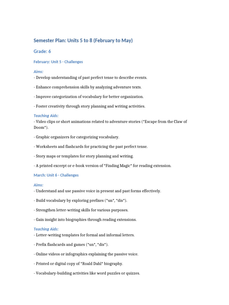 Semester - Plan - Units - 5 - To - 8 2 | PDF | Vocabulary | Reading ...