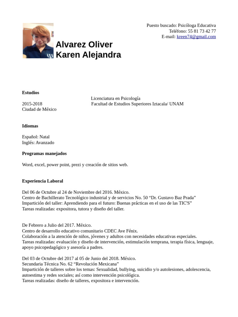 CV Alvarez Oliver Karen Alejandra | PDF