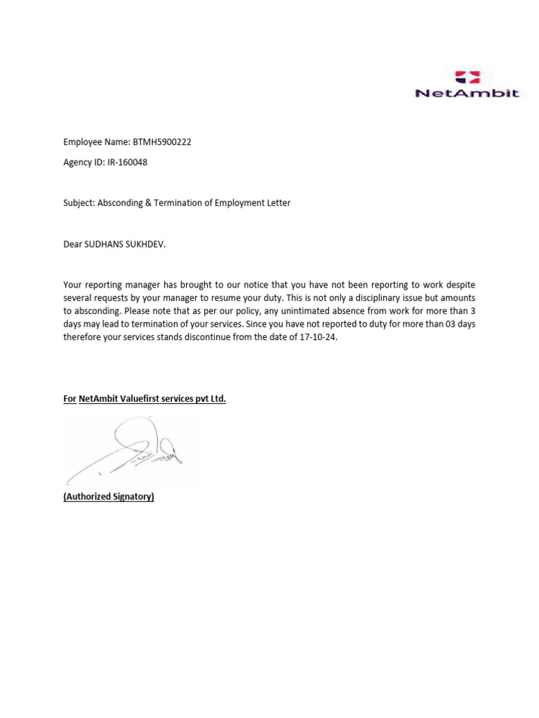 TerminationLetter - SUDHANS SUKHDEV | PDF