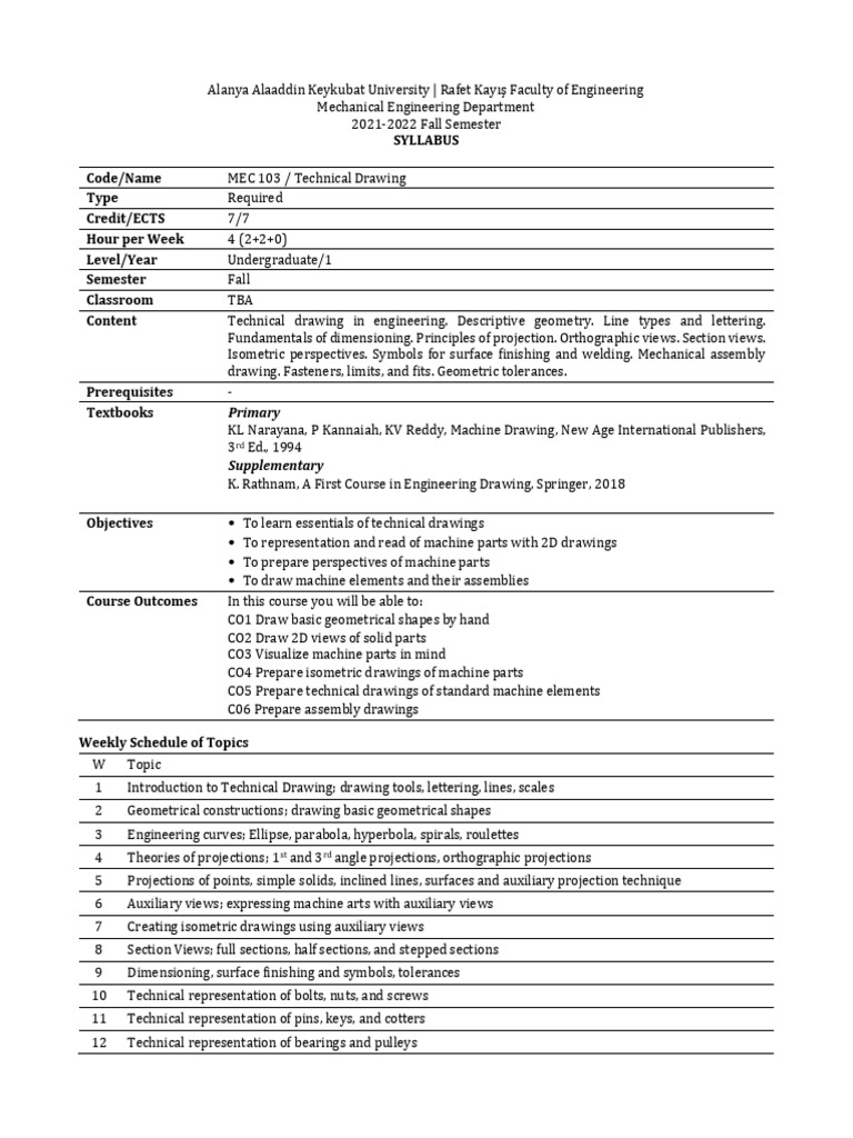 syllabus-mec103-technical-drawing | PDF | Technical Drawing | Geometry