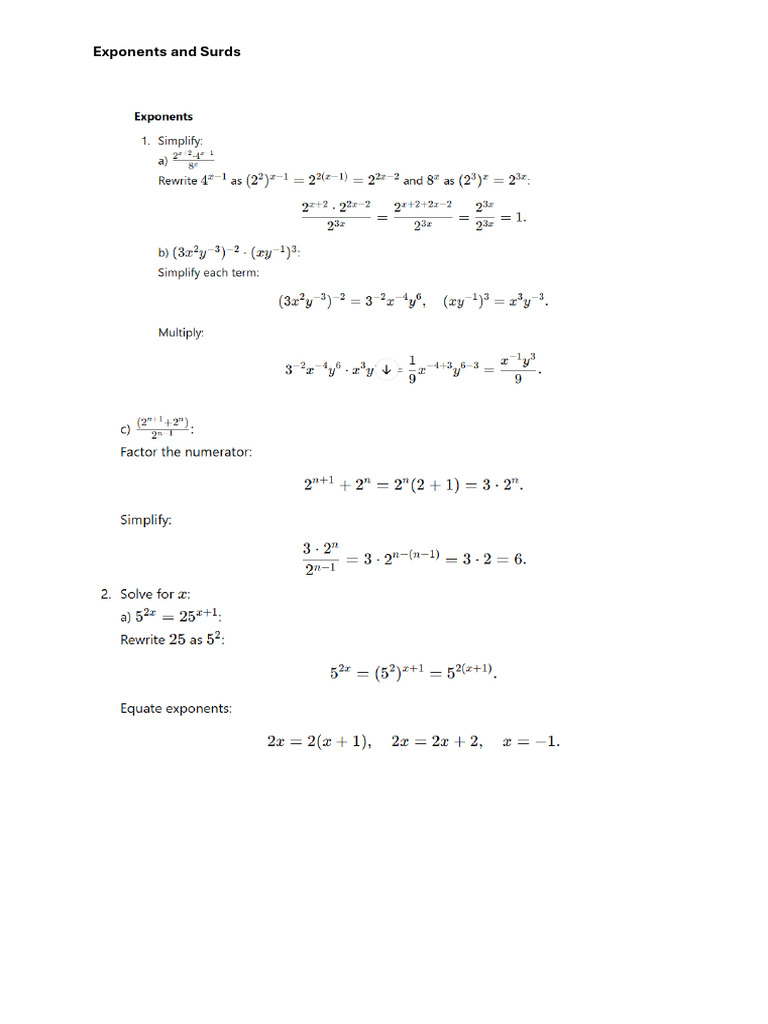 Exponents and Surds Week 1 Solutions (Sunday) | PDF