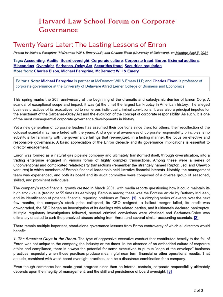 Twenty Years Later - The Lasting Lessons of Enron | PDF | Sarbanes ...
