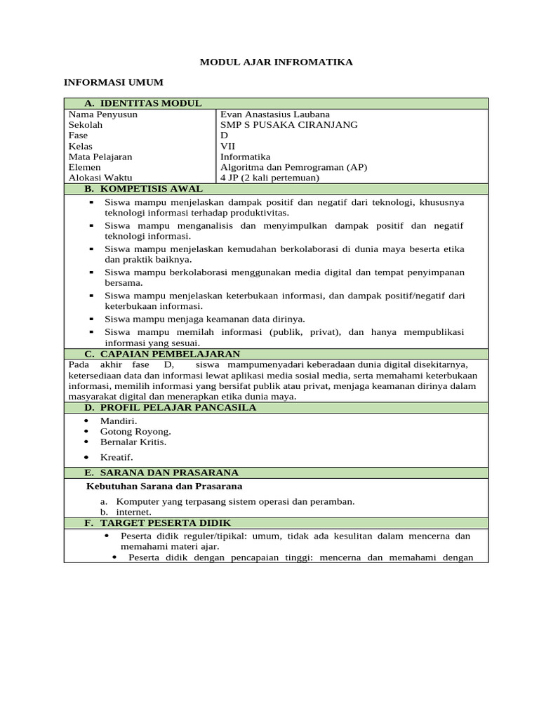 Modul Ajar Infromatika Kls.7 DSI | PDF