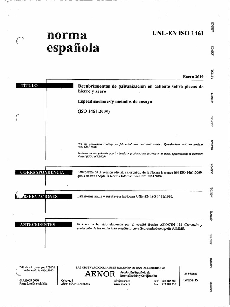 UNE-EN ISO 1461 (2010) Recubrimientos de Galvanización en Caliente ...