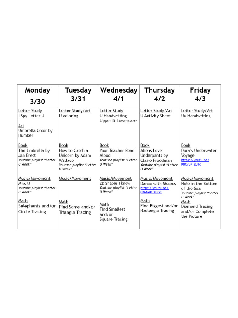 Letter U Week Activities Plan | PDF