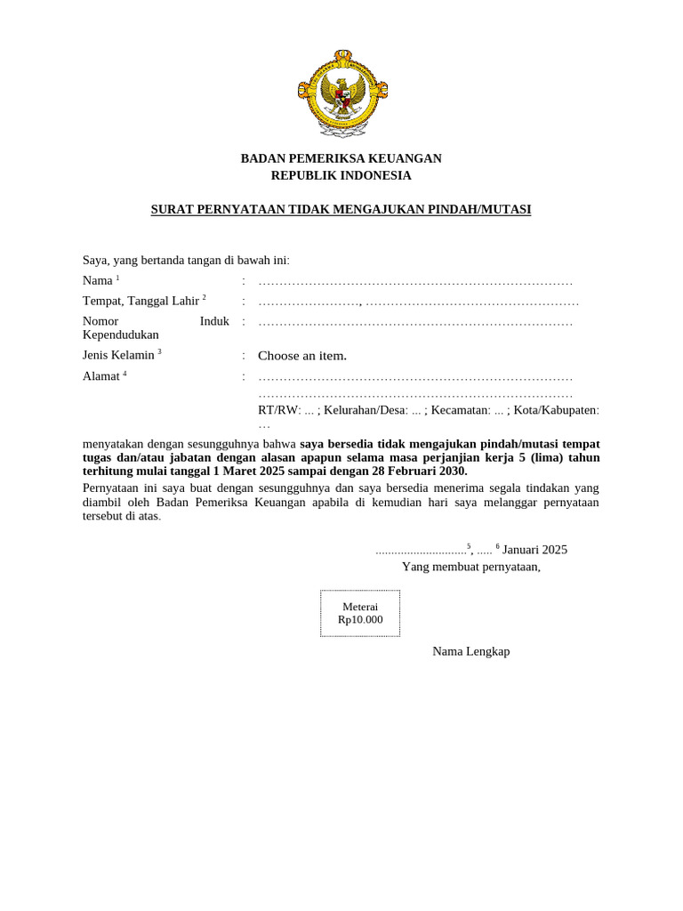 Formulir 3 Surat Pernyataan Tidak Mengajukan Pindah Mutasi | PDF