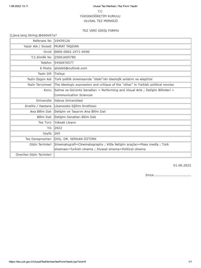Ulusal Tez Merkezi _ Tez Form Yazdir | PDF