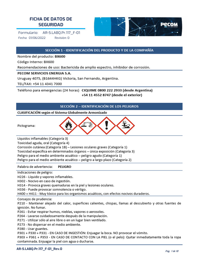 Bactericida BX600: Ficha de Seguridad | PDF | Agua