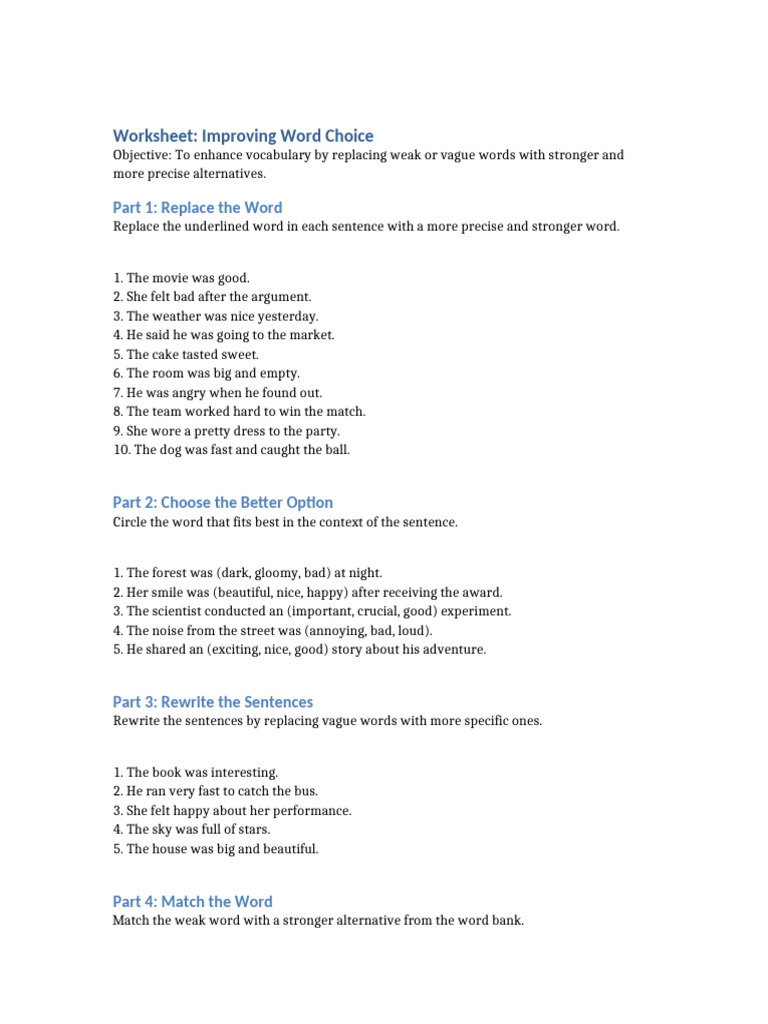 Improving Word Choice Worksheet | PDF