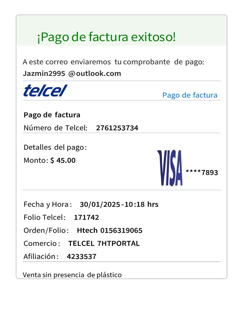 Confirmación de Pago Telcel $45 | PDF