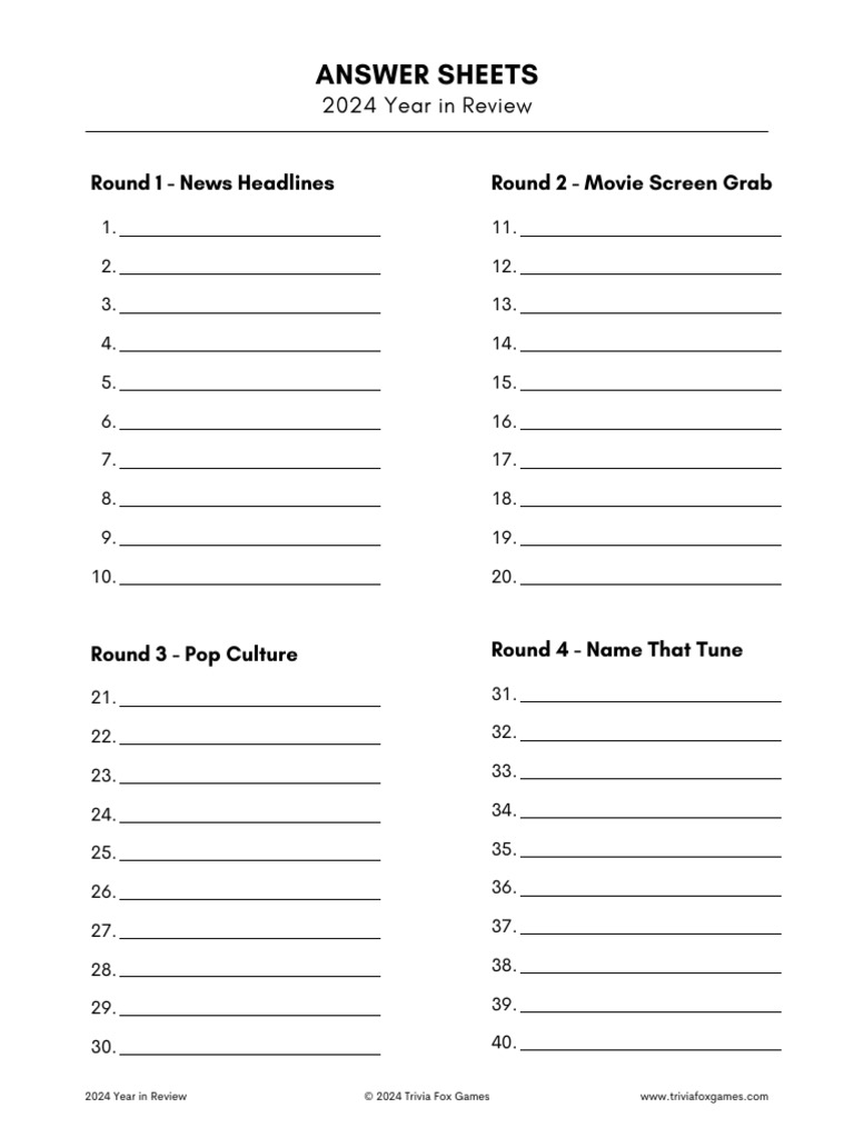 2024 Yearin Review Answer Sheet | PDF
