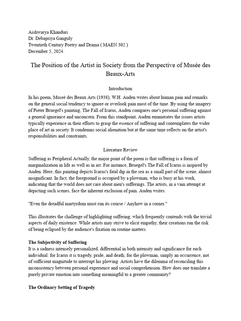 Exploring The Role of The Artist in The Society Through Musee Des Beaux ...