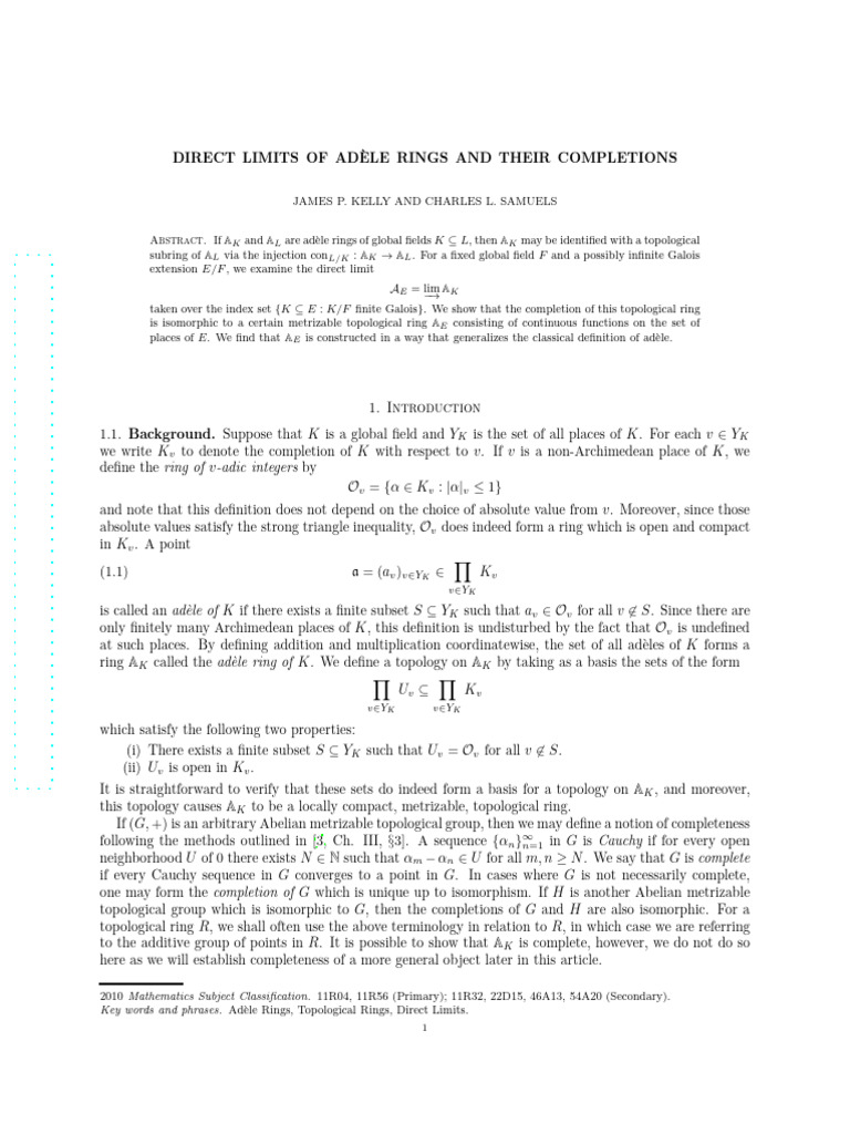 Direct Limits of Adèle Rings | PDF | Ring (Mathematics) | Field ...