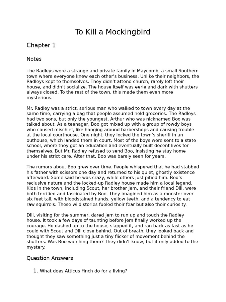 To Kill a Mocking Bird Notes and Questions | PDF | To Kill A Mockingbird
