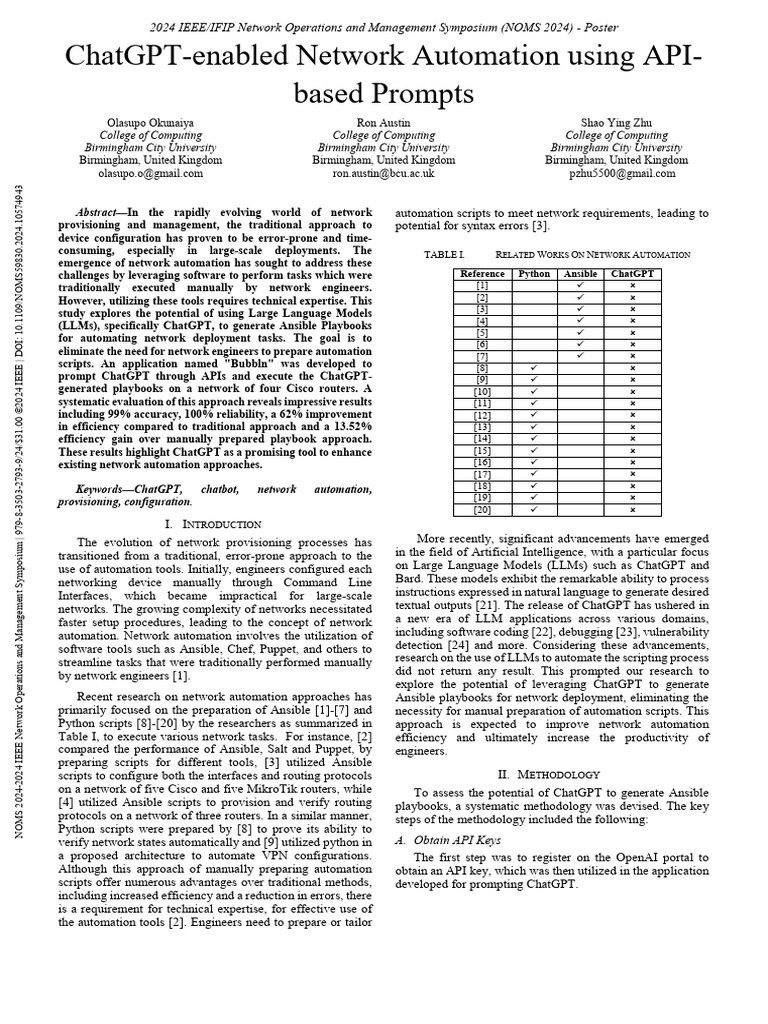 ChatGPT-enabled Network Automation Using API-based Prompts | PDF | Computer Network | Automation