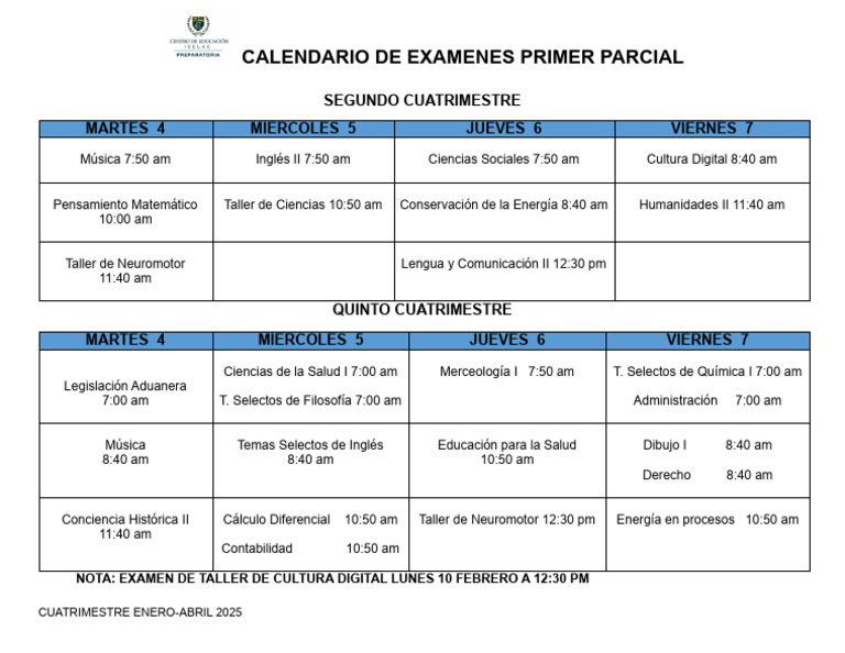Horario de Examenes Primer Parcial | PDF
