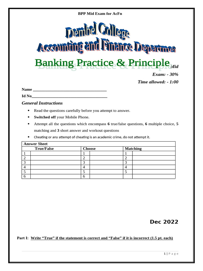 BPP Mid exam regular | PDF | Banks | Central Banks