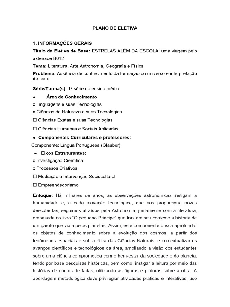 Plano de Eletiva - Estrelas Além Da Escola | PDF | Science | Sociologia