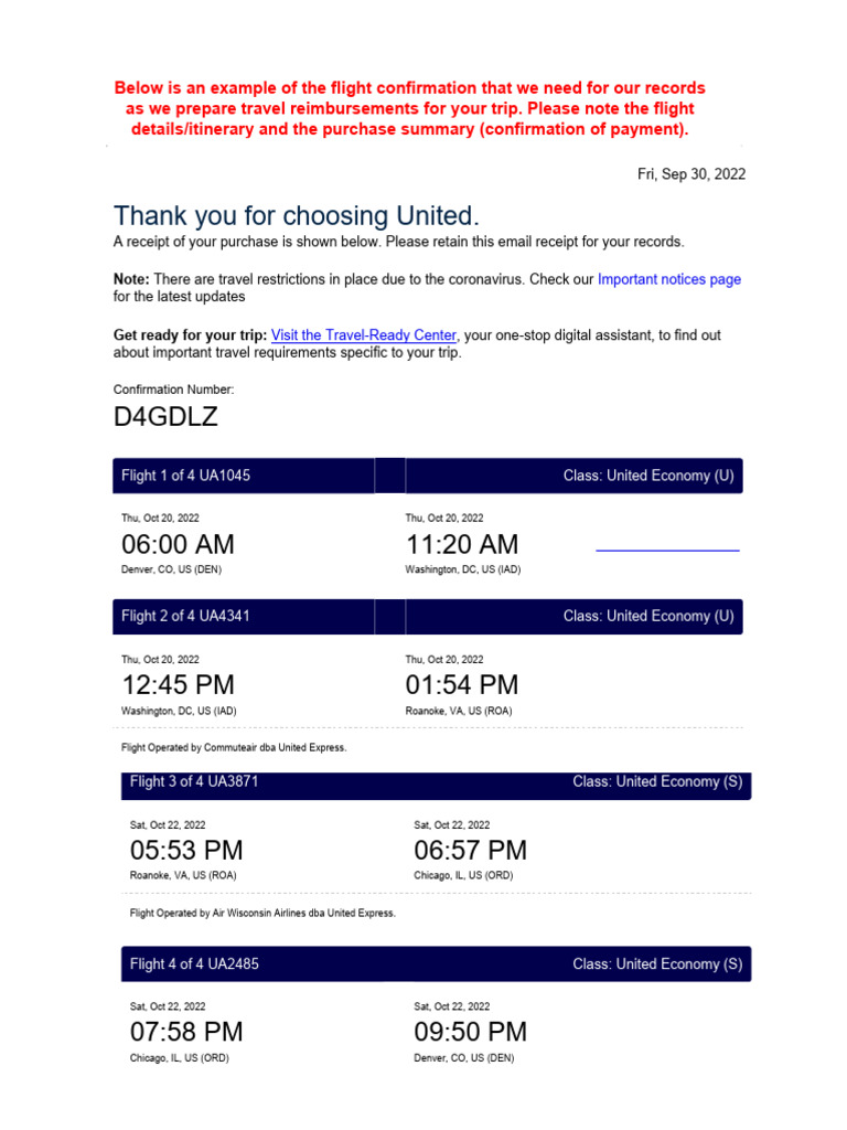Flight Confirmation Example | PDF | United Airlines