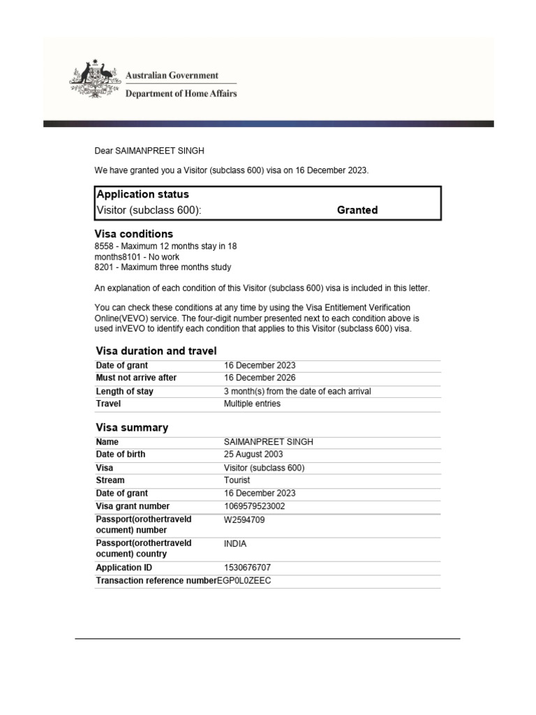 Visitor Visa (Subclass 600) Granted | PDF | Travel Visa | Immigration Law