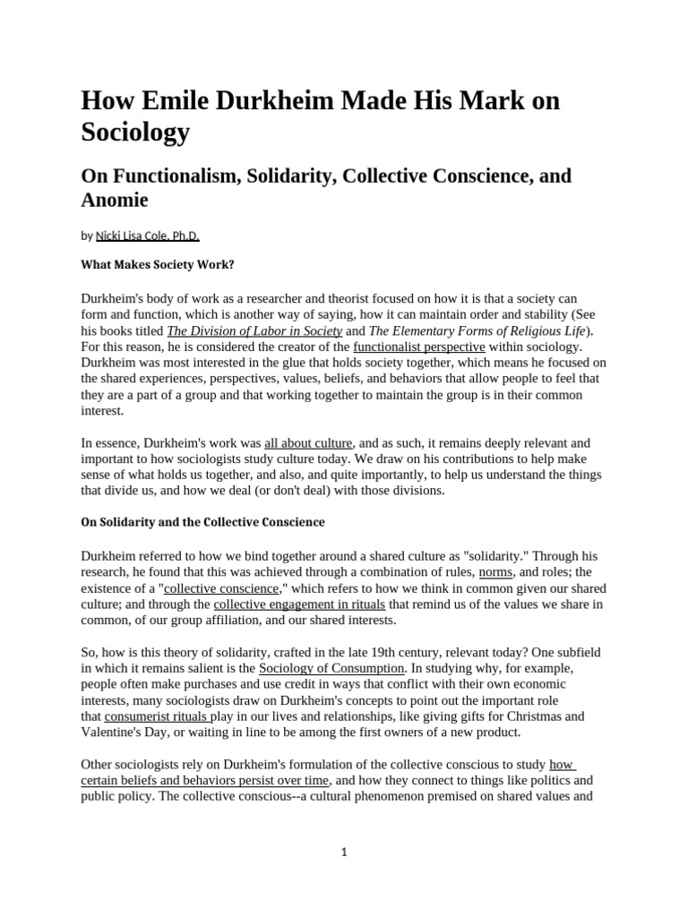 How Emile Durkheim Made His Mark on Sociology On Functionalism ...