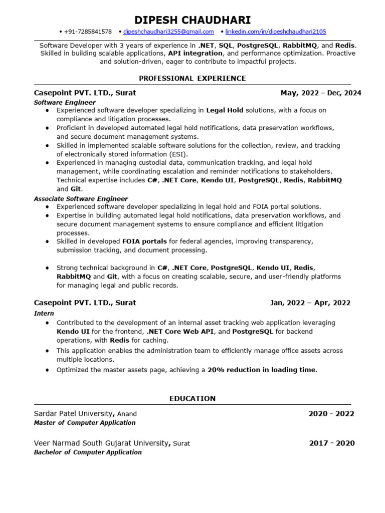 DipeshChaudhari DotNetDeveloper | PDF | Postgre Sql | Software Development