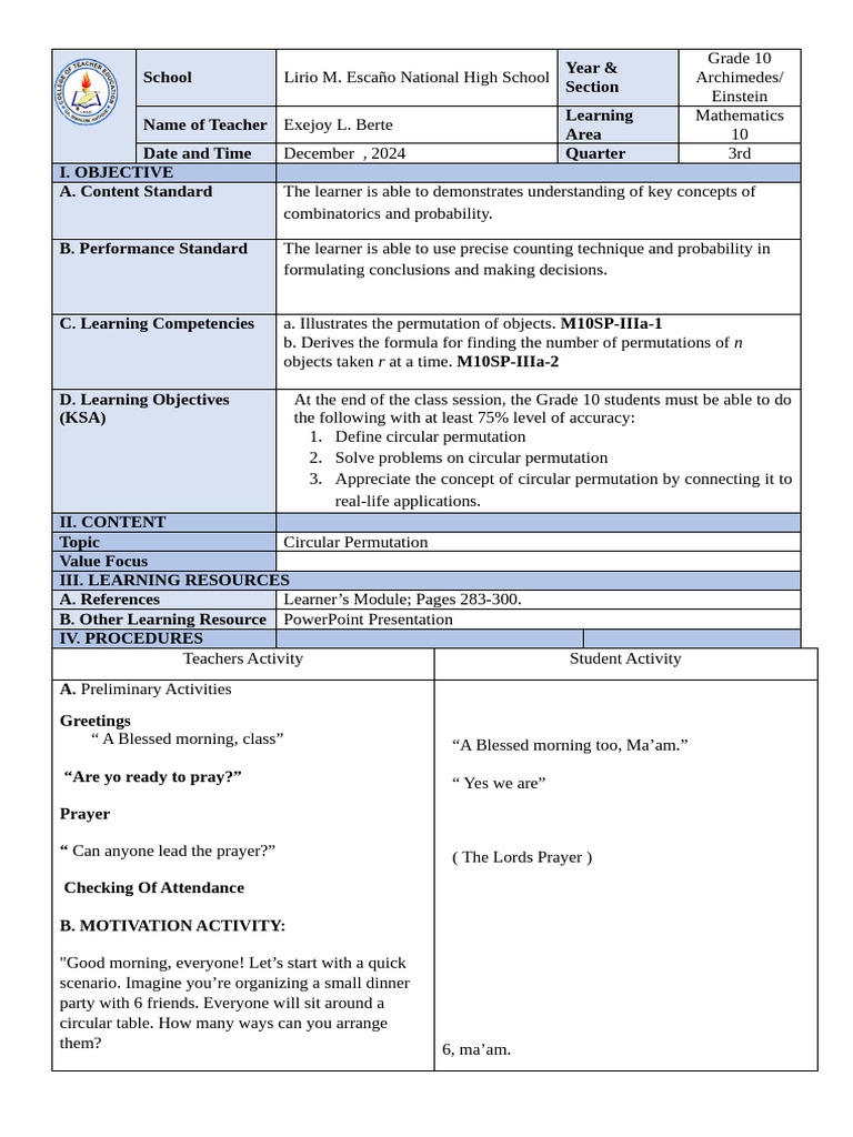 Lesson Plan Circular Permuutation - Docx Final | PDF | Permutation ...
